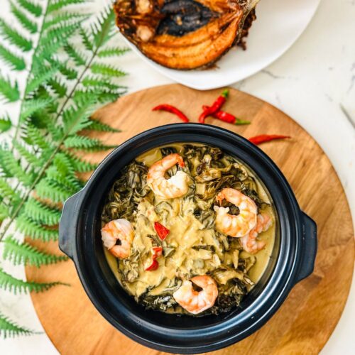 Laing with Shrimp (Taro Leaves in Coconut Milk) - Deliciously Rushed