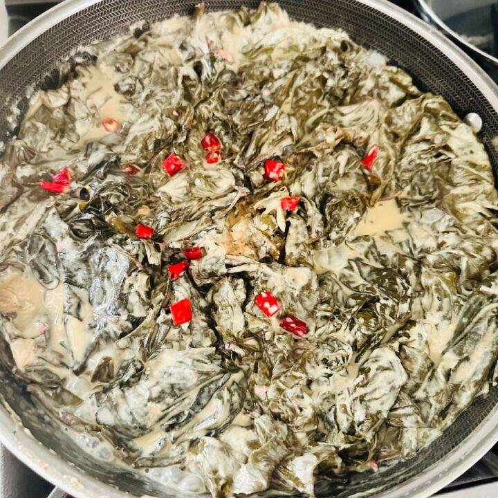 Laing with Shrimp (Taro Leaves in Coconut Milk) - Deliciously Rushed