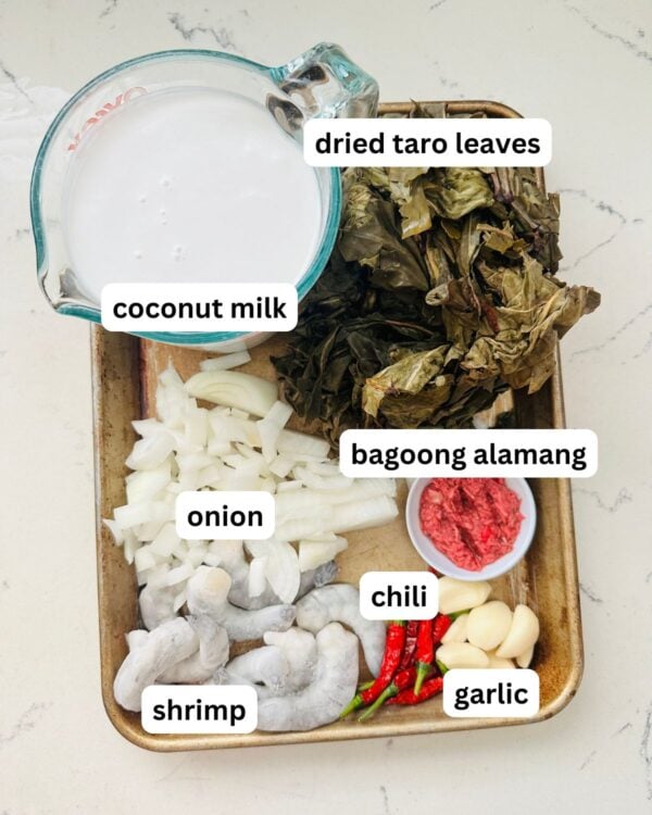 Laing with Shrimp (Taro Leaves in Coconut Milk) - Deliciously Rushed